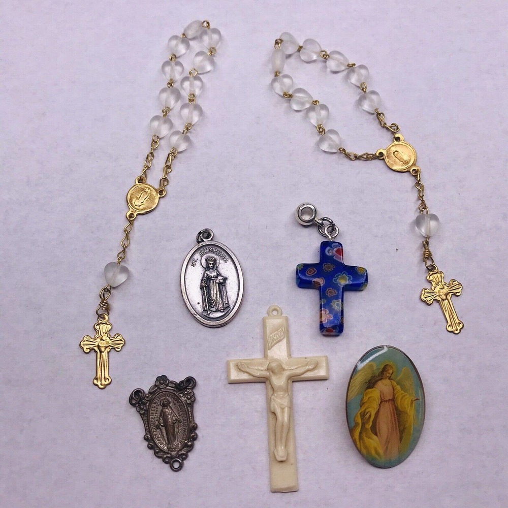 Rosary Mini Set 2 Cross Blue Glass Medal Mary Angel P… - Gem